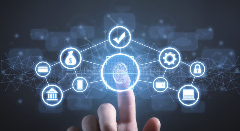 Male Hand Touching To Scan Fingerprint. Internet Banking Stock ...