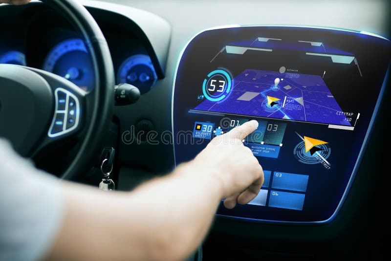 Male Hand Using Navigation System on Car Dashboard Stock Image - Image ...
