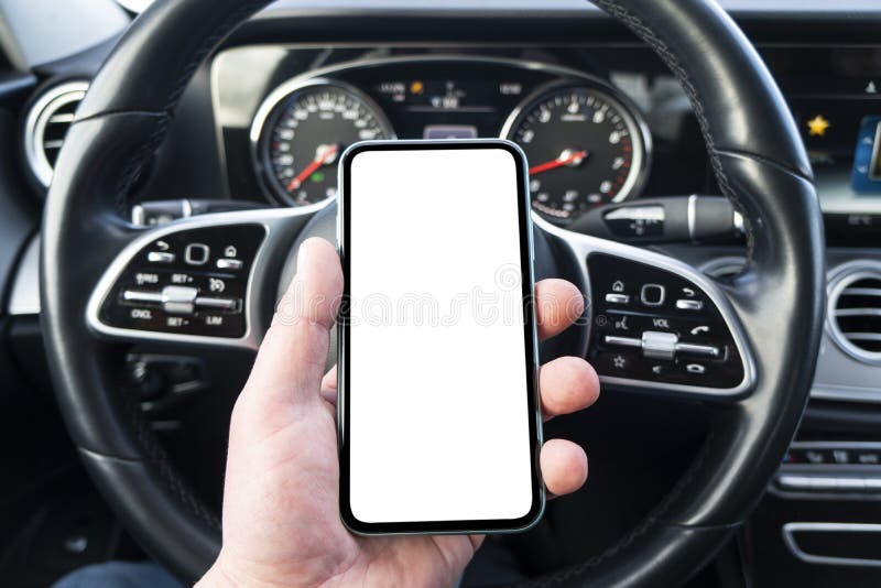 Male Hand Using Smartphone in Car. Man Driving a Car. Smartphone in a ...