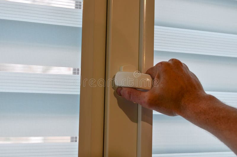 Male Hand on White Plastic Window Glass Handle. Stock Photo - Image of ...