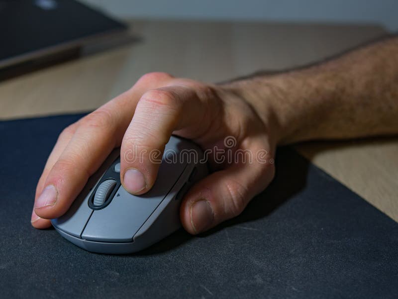 Male Hand Works with Wireless Mouse on Table Stock Image - Image of ...