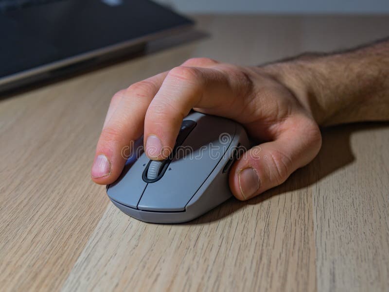 Male Hand Works with Wireless Mouse on Table Stock Image - Image of ...