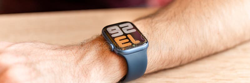 Male Hand with Wrist Smart Apple Watch. Young Man People Using Modern ...