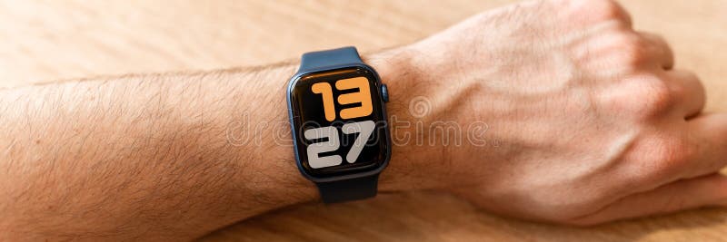 Male Hand with Wrist Smart Apple Watch. Young Man People Using Modern ...