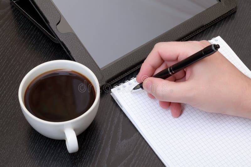 Male Hand Writing Notes on Notepad Stock Image - Image of coffee, black ...