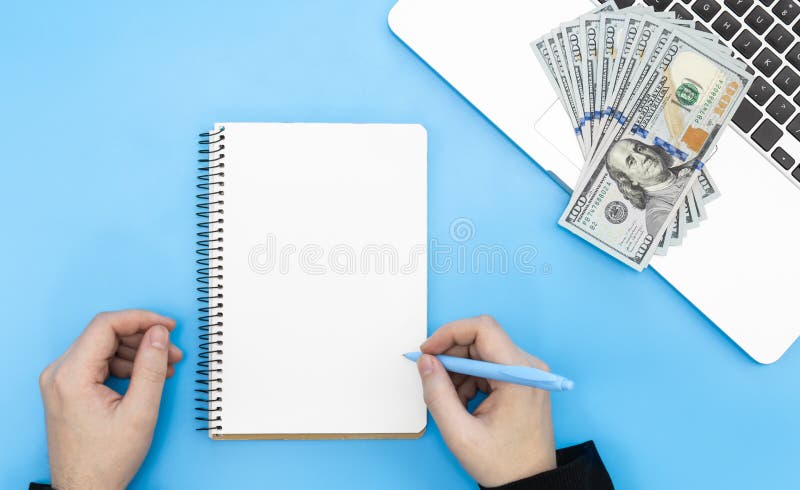 Male Hands, Blank Notepad and Money on Laptop, Flat Lay. Stock Photo ...