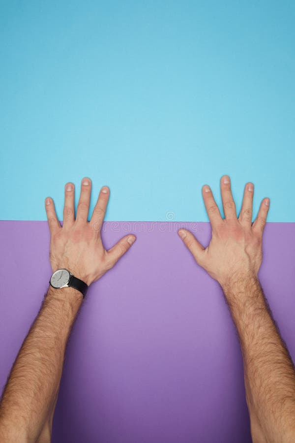Male Hands on Blue and Violet Colored Paper Stock Photo - Image of ...