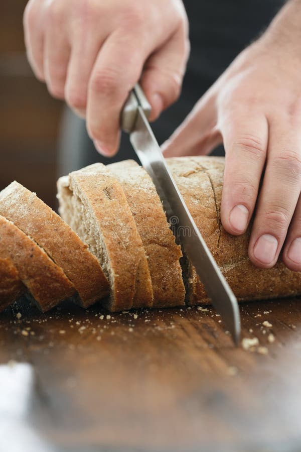 Male Hands Chopped Fresh Bread Close Up Stock Image - Image of loaf ...