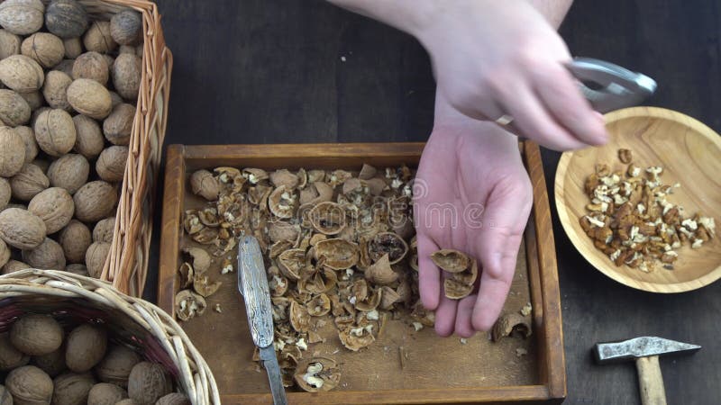 Male Hands Clean Nuts with a Nut Cracker. Close-up. Walnut in Shell Top ...