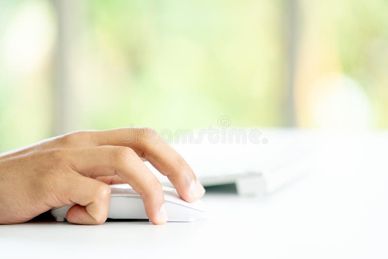Male Hands Clicking Wireless Computer Mouse Laptop Computer on Office ...