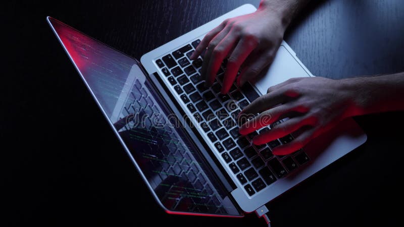 Computer Hacker Is Typing Code Virus On Computer Keyboard In Night Working Place Male Web