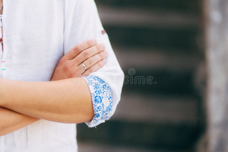 Male Hands Crossed on Chest. Hands of the Groom Stock Photo - Image of ...