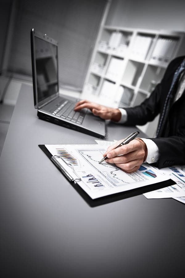 Male Hands Doing Paperwork with Pen and Laptop. Stock Photo - Image of ...