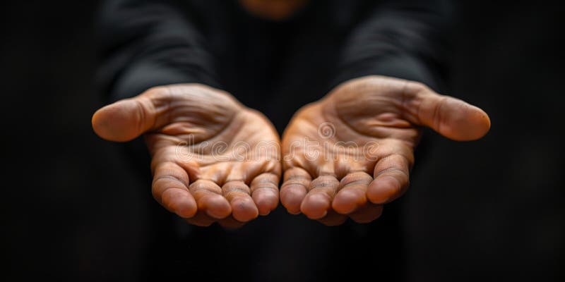 Male Hands Extended Forward on a Black Background Symbolizing Charity ...