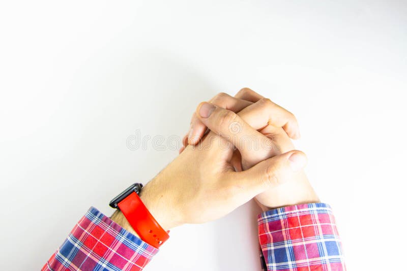 Male Hands Forearm, on a White Table First-person View. Squeeze, Hold ...