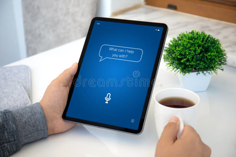 Male Hands Hold Computer Tablet Upright with App Personal Assistant ...