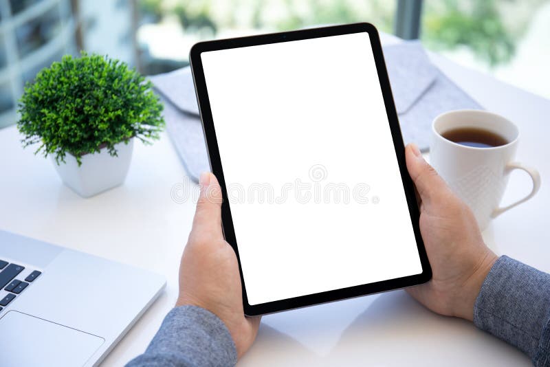 Male Hands Hold Computer Tablet Upright with Screen Stock Photo - Image ...