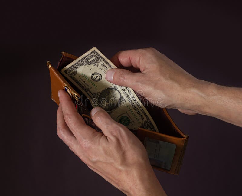 Male Hands Hold Open an Old Wallet with One Dollar Stock Image - Image ...