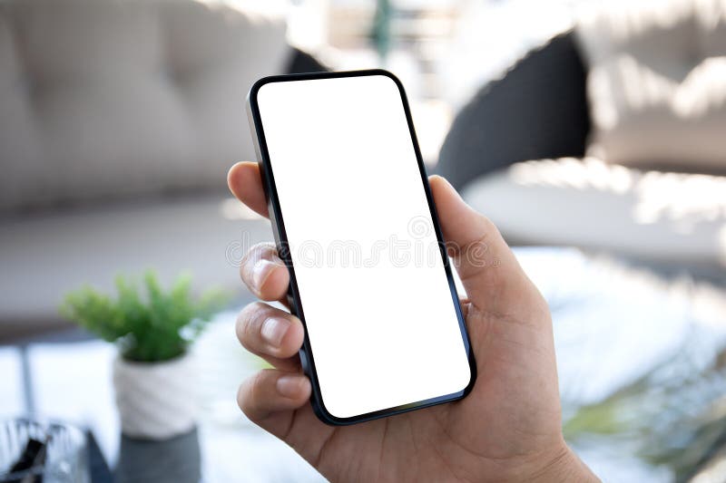 Male Hands Hold Phone Isolated Screen in Cafe in Office Stock Image ...