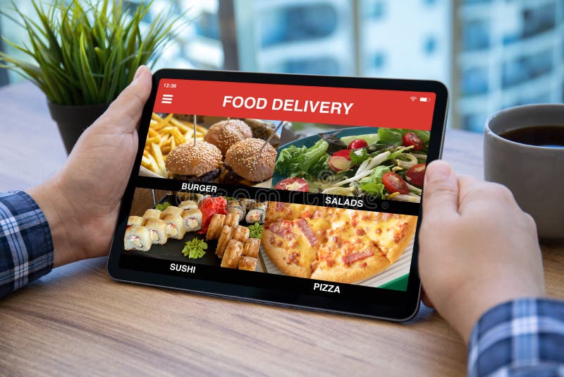 Male Hands Holding Computer Tablet with with App Food Delivery Stock ...