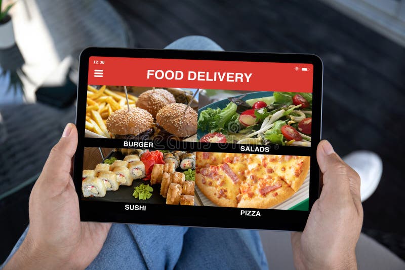 Male Hands Holding Computer Tablet with App Food Delivery Screen Stock ...