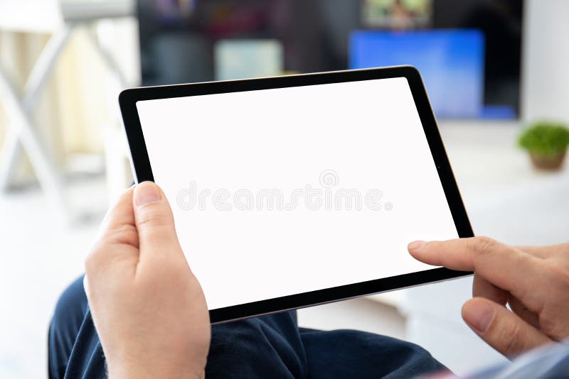Male Hands Holding Computer Tablet with Screen in Room Stock Image ...