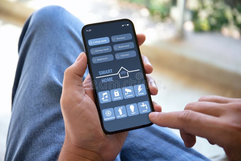 Male Hands Holding Phone with Application Smart Home on Screen Stock ...