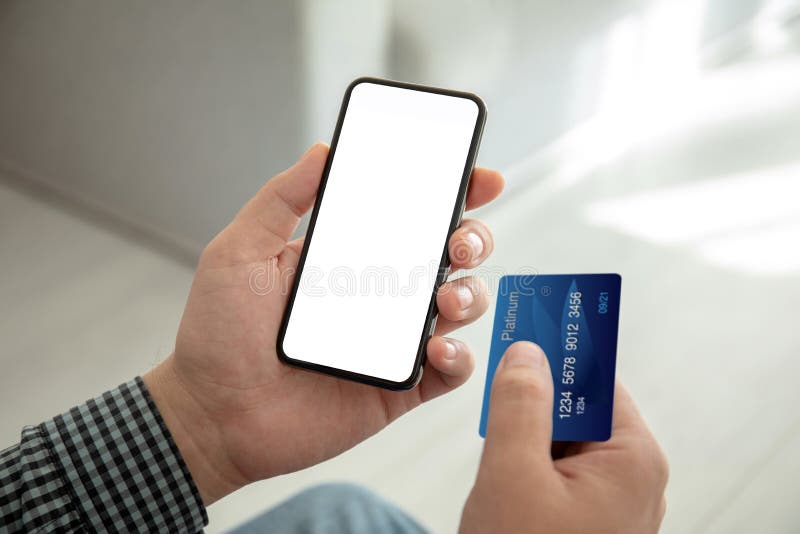 Male Hands Holding Phone with Screen and Credit Card Stock Photo ...