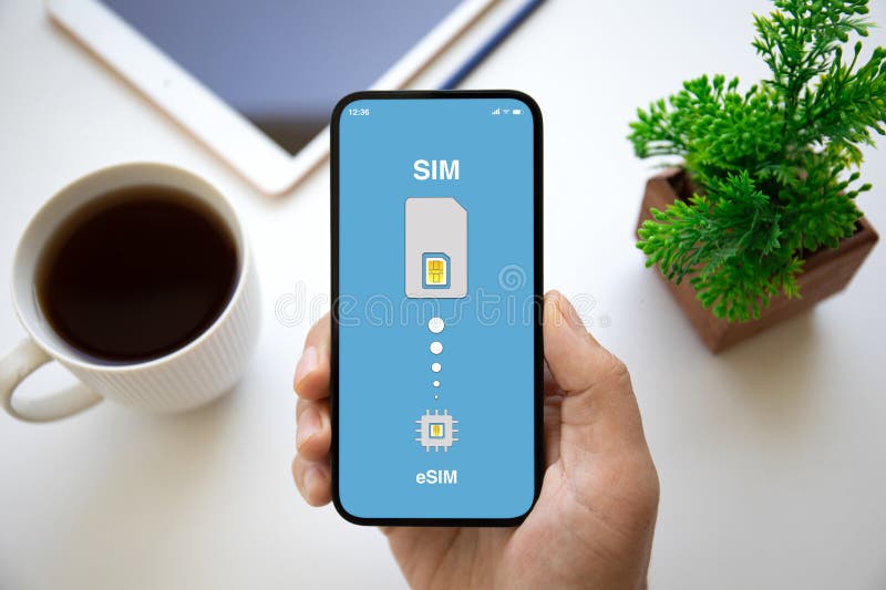 Male Hand Holding Phone Sim Card Replacement Esim Stock Photos - Free ...