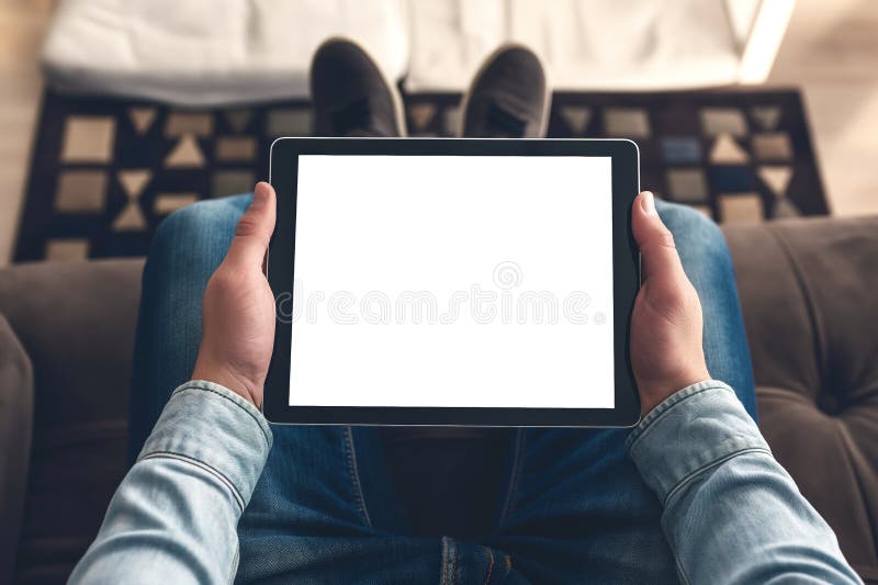 Male Hands Holding Tablet with Blank White Empty Screen while Seated on ...