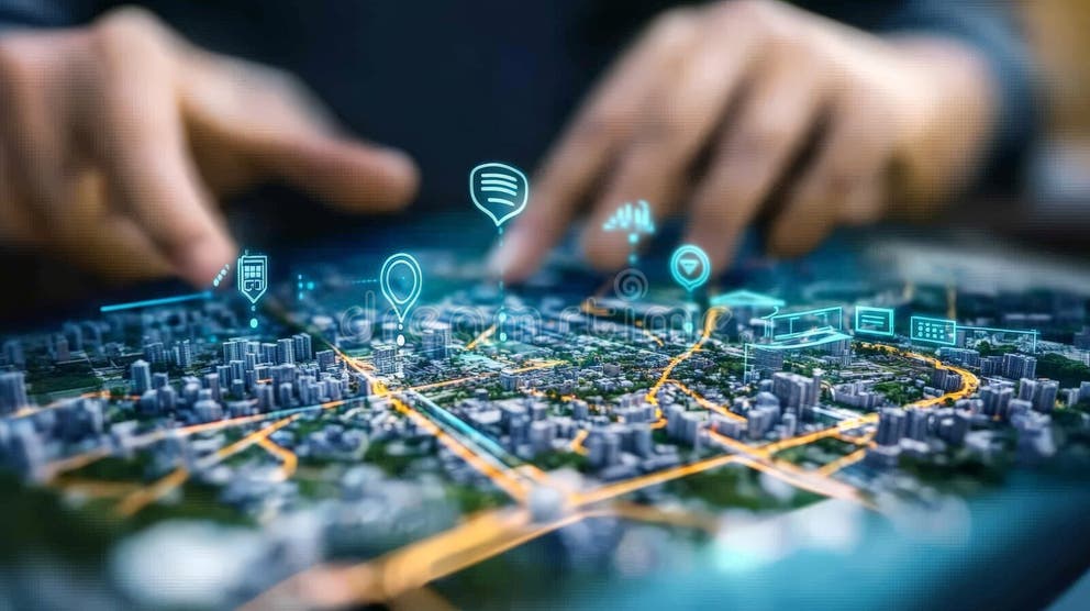 Male Hands Interacting with Digital Smart City Map Interface Stock ...