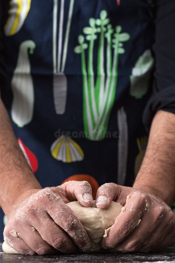 Male Hands Kneading Dough, Baking Preparation Closeup. Stock Image ...