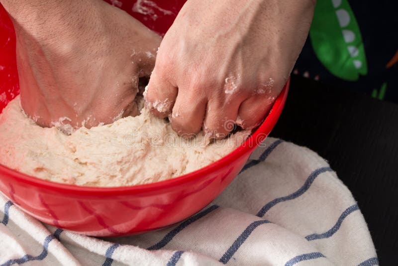 Male Hands Kneading Dough in Red Bowl, Baking Preparation Closeup ...