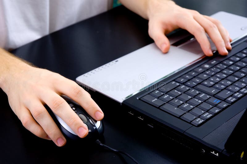 Male Hands on Notebook Keyboard and Mouse Stock Photo - Image of ...