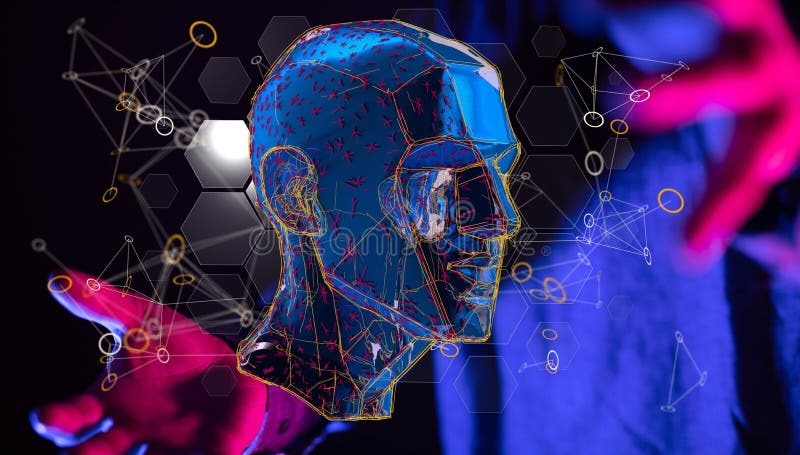 Male Hands in Pink Gloves Holding the Virtual Blue 3d Human Head ...