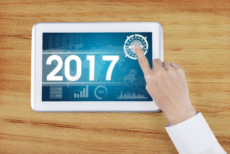 Male Hands Pointing Start Button on the Tablet Stock Photo - Image of ...