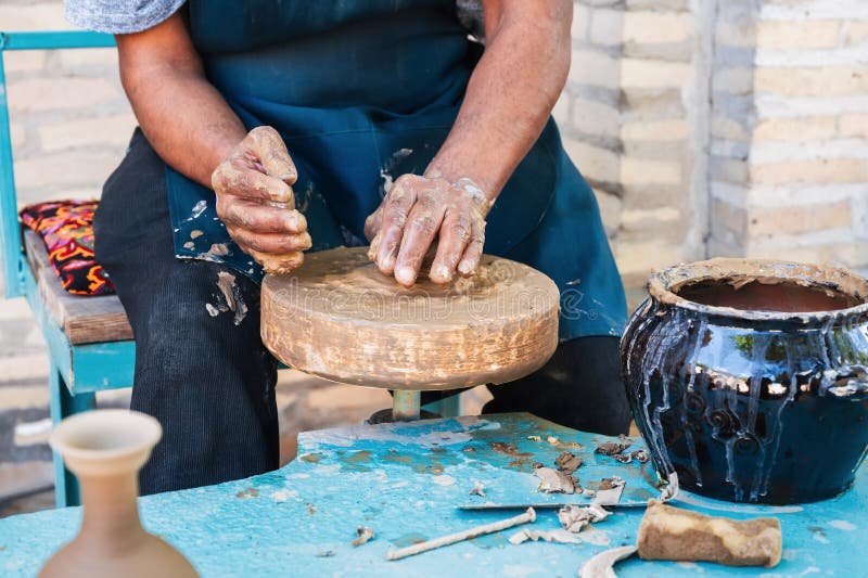Male Hands of Potter Craftsman Create Clay Pottery from Clay on a ...