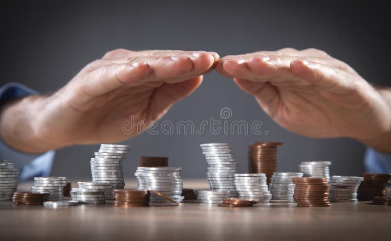 Male Hands Protect Coins. Saving Money Stock Photo - Image of loan ...