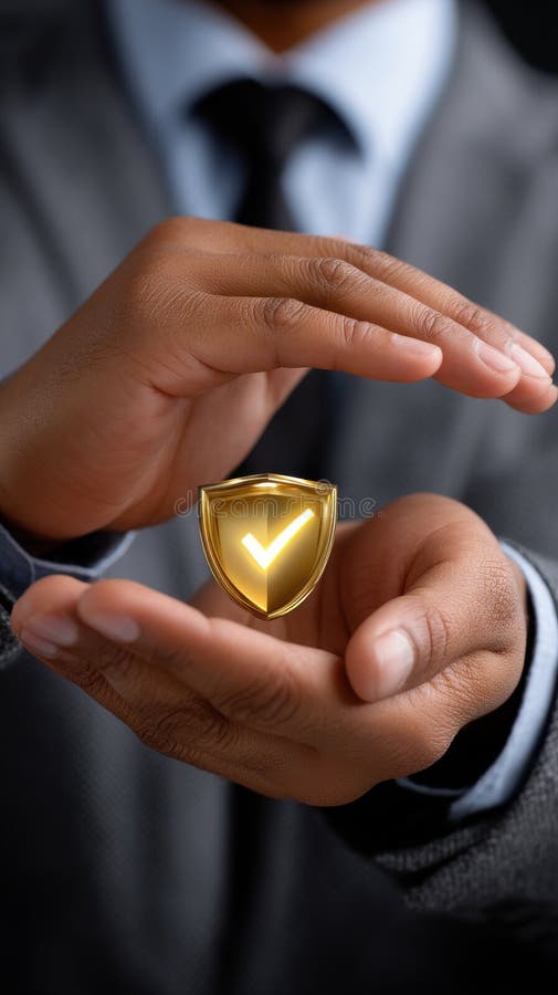 Male Hands Protecting a Glowing Golden Shield with Checkmark ...
