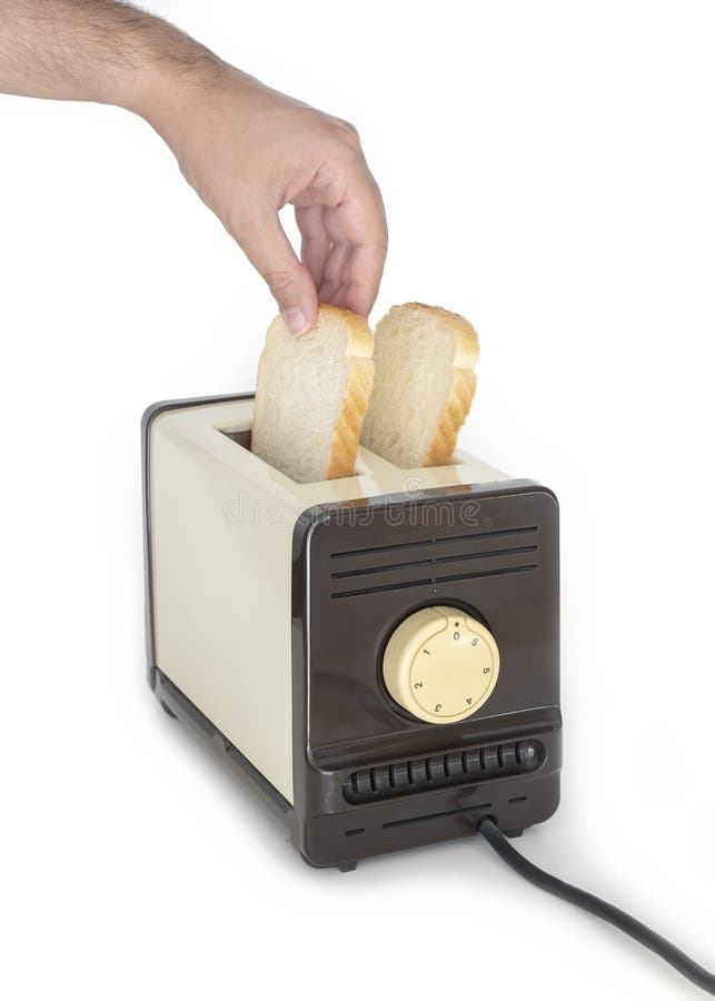 Male Hands Putting Bread in Toaster, Isolated on White Background Stock ...