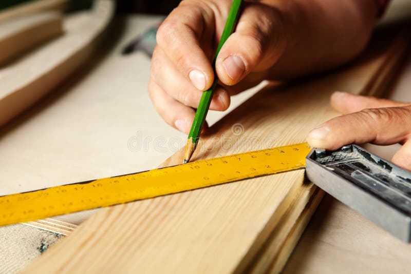 Male Hands with Ruler and Pencil Closeup. Stock Image - Image of ...
