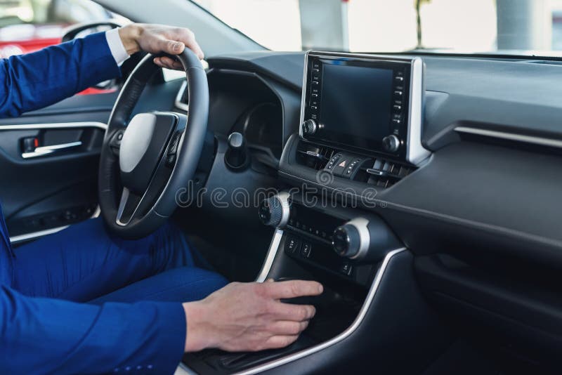 Male Hands on Steering Wheel, Car Interior Stock Photo - Image of ...