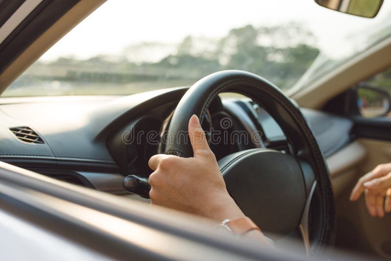 Male Hands on Steering Wheel on the Right with Country Side View Stock ...