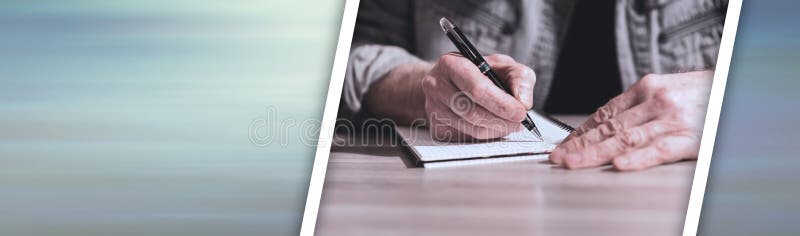 Male Hands Taking Notes. Panoramic Banner Stock Image - Image of table ...