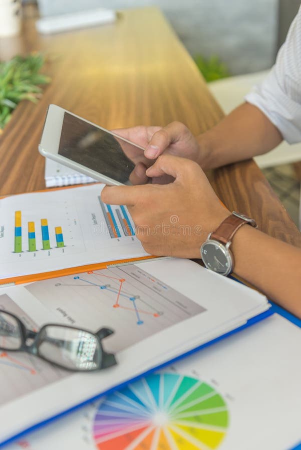 Male Hands Tapping on Tablet Screen while Working Stock Image - Image ...