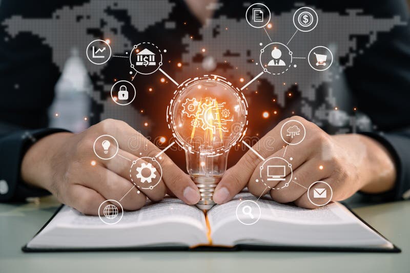 Male Hands Touching To Light Bulb Which Have Mechanical Gear Inside on ...