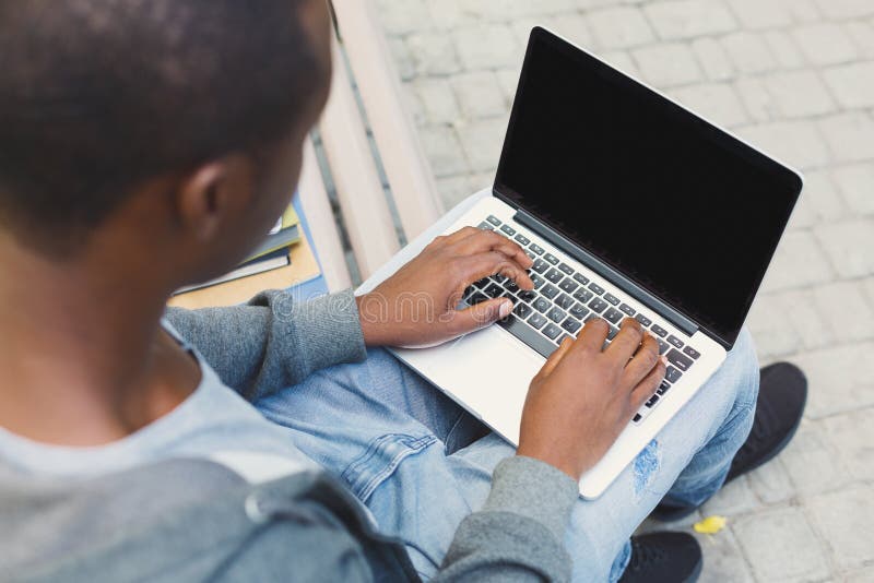 Male Hands Typing on Laptop Closeup Outdoors Stock Image - Image of ...