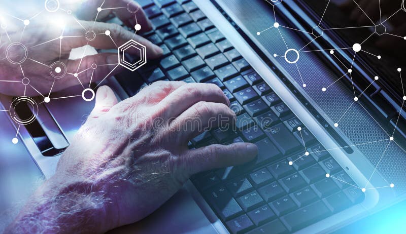 Hands Typing on a Laptop Keyboard, Light Effect; Multiple Exposure ...