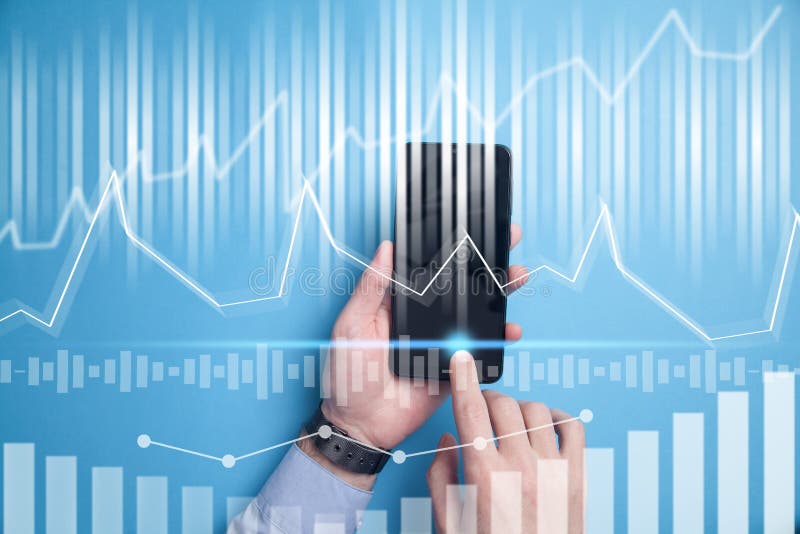 Male Hands Using Smartphone with a Business Graph Stock Photo - Image ...