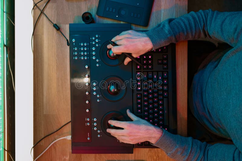 Male Hands Video Editor Working on His Personal Computer Control Panel ...
